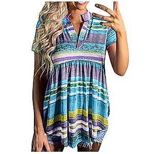ESKNAS Womens Blouse Summer Rainbow Gradients Stripe Print Tunic Tops Short Sleeve V-Neck Pleated T-Shirt (Blue,XXXXL)