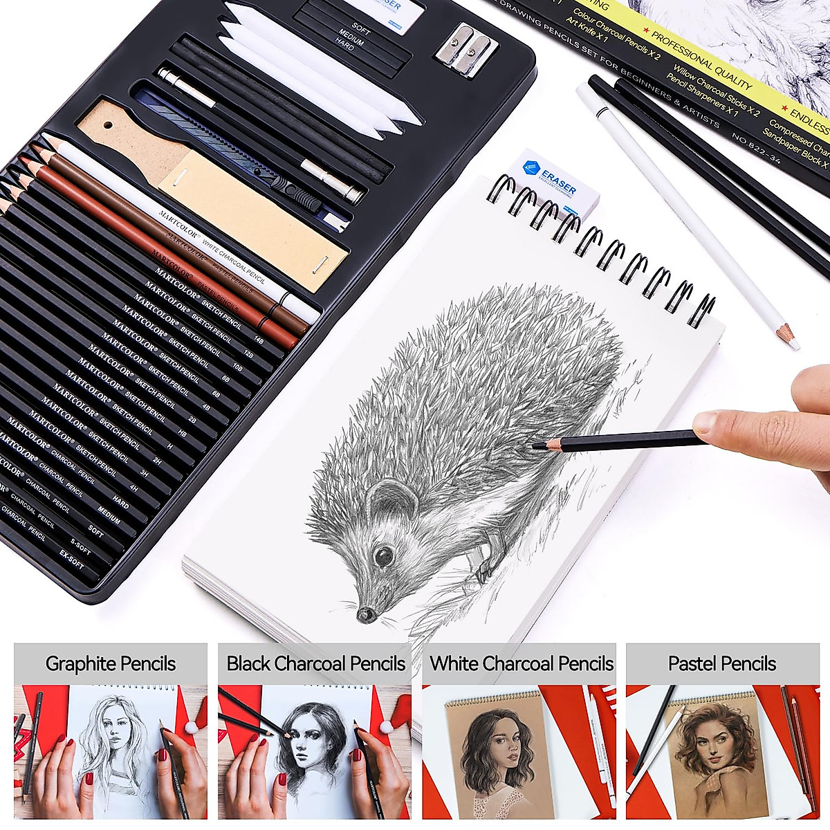 MARTCOLOR Drawing Sketching Pencils Set, 34 Pieces Pro Art Pencil Kit - Graphite Pencils (14B-4H), Charcoal Pencils, Charcoal Sticks, Artist Pencils for Beginners & Pro Artists