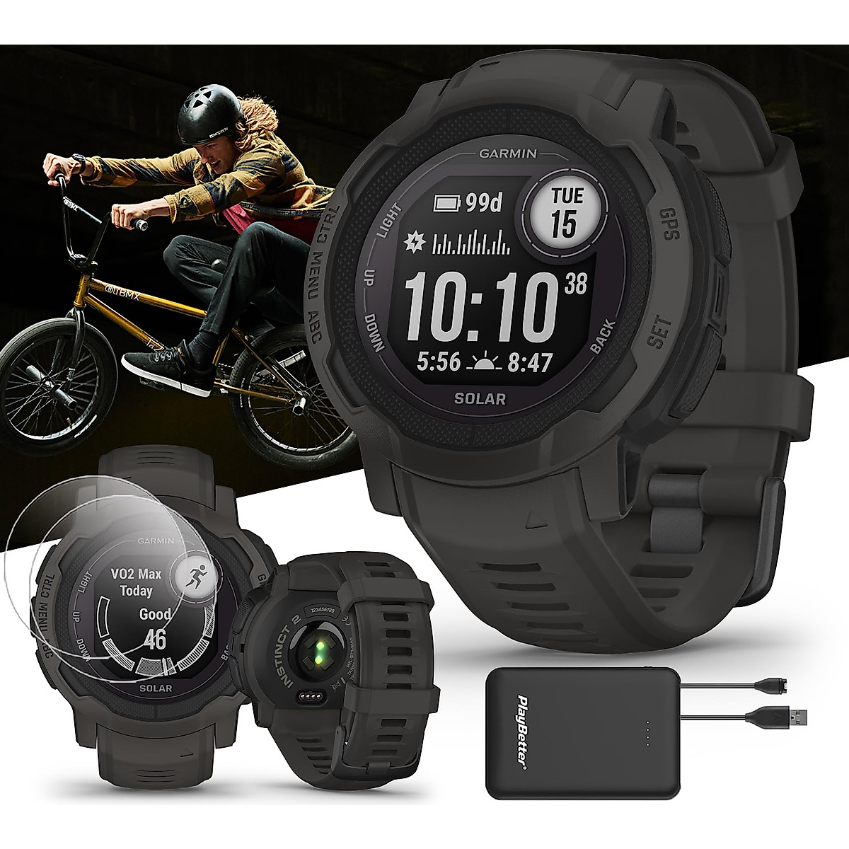 PlayBetter Garmin Instinct 2 Camo (Graphite) Rugged GPS Smartwatch Bundle - Outdoor Military Watch, Multi-GNSS & 24/7 Fitness Tracker, S/M, 40mm - Includes Screen Protectors & Portable Charger