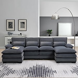 ODUWA Sectional Sofa Couch,110" Modern U-Shaped Sectional Sofa with Waist Pillows,6-Seat Upholstered Velvet Sofa Furniture,Sleeper Sofa Couch with Chaise Lounge for Living Room,Apartment