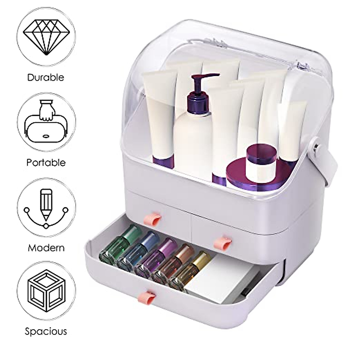 Elavain Cosmetics Organizer Countertop Makeup Holder, Plastic Caddy Skincare Organizers and Storage, Bathroom Shelf Organizer w/ Portable Handle, Lid made of Waterproof & Dustproof Acrylic Fully Open