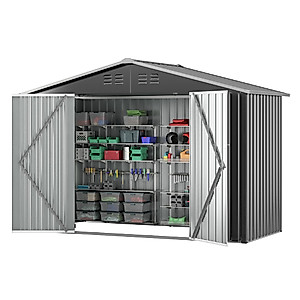 HOGYME 9x4 FT Outdoor Storage Shed, Large Metal Tool Sheds with Updated Frame Structure and Lockable Doors, Garden Shed for Backyard Garden Patio Lawn, Grey