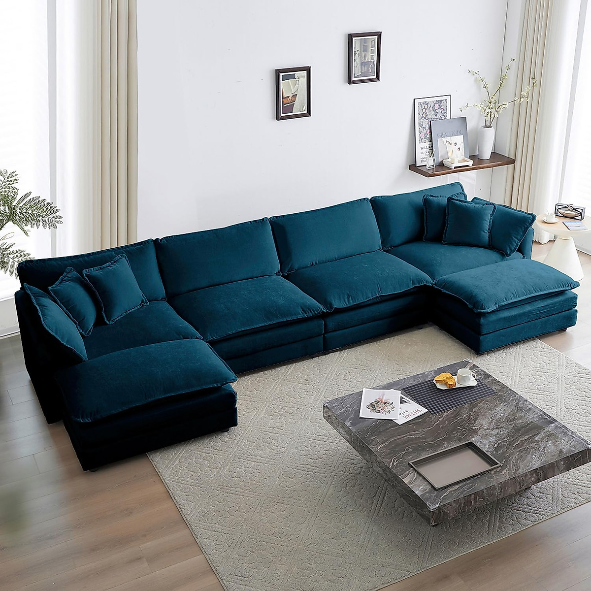 kevinplus 146.5'' Blue Large Sectional Sofa Couch U-Shaped with Ottoman for Living Room, Modern Contemporary Modular Sofa Couch for Apartment Office, Chenille Fabric (4-Seat Couch + 2 Ottoman)
