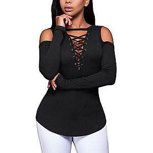 Defal Women's Sexy V-Neck Cold Shoulder Long Sleeve Blouse Shirt Slim Lace-Up Ribbed Stretchy T-Shirt Top (XXL, Black)