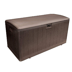 Plastic Development Group 105 Gallon Weatherproof Large Double Wall Plastic Outdoor Patio Storage Deck Box with Soft Close Lid, Java Brown
