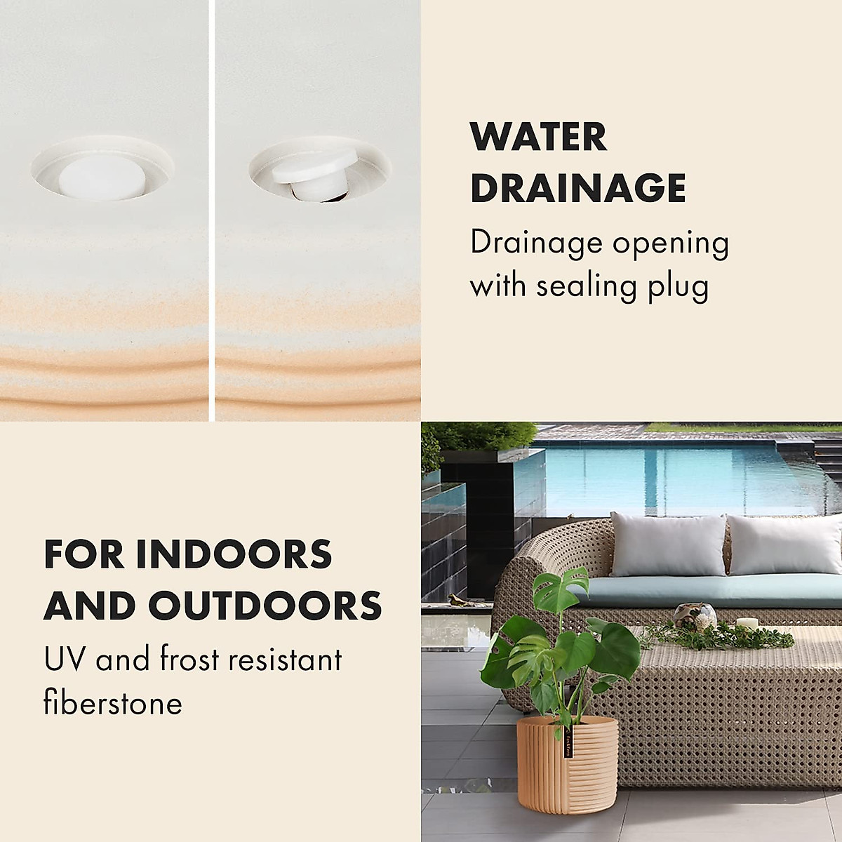 Fox & Fern Flower Pot, 12 Inch Plant Pots Indoor, 12 Inch Planters for Indoor Plants, 12 Inch Pots for Plants - 3D Line Texture - Polystone - Including Drainage Plug – Sand Finish - 12 Inch Planter