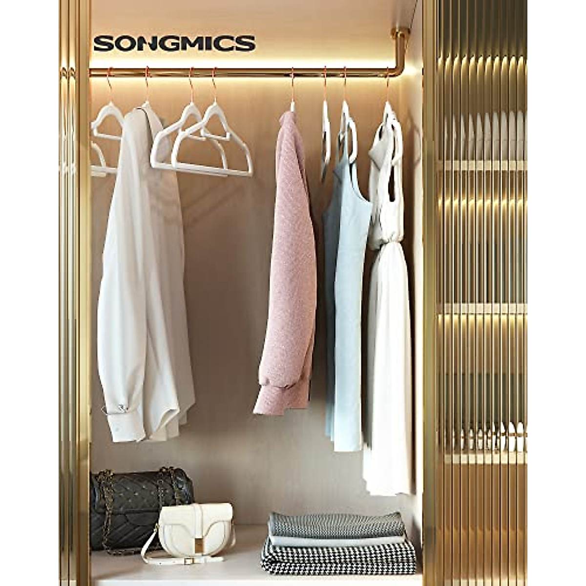 SONGMICS Velvet Hangers, Set of 50 Clothes Hanger with Rose Gold Swivel Hook, Non-Slip, and Space-Saving, 0.2-Inch Thick, 17.1-Inch Long for Coat, Shirt, Dress, Pants, Tie, White UCRF021W02