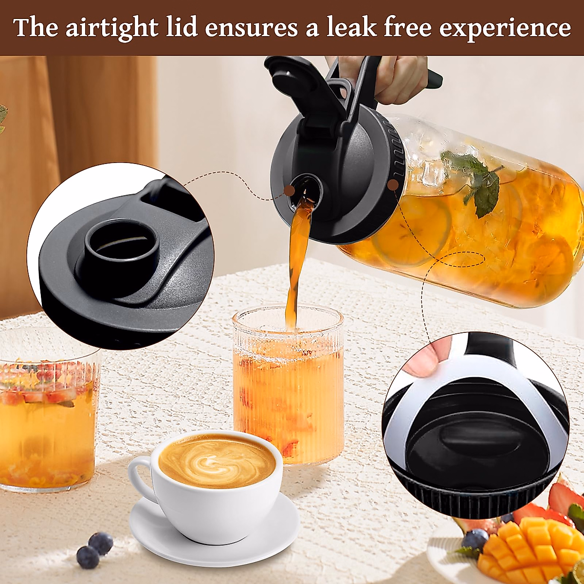 batoybeni Cold Brew Coffee Maker 64 oz (2 Quart / 1.9 Liter) Mason Jar - Wide Mouth Pitcher with Handle & Stainless Steel Filter for Coffee, Iced Tea, Sun Tea, Lemonade, and Homemade Fruit Drinks