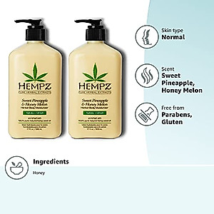 Hempz Sweet Pineapple & Honey Melon Moisturizing Skin Lotion, Natural Hemp Seed Herbal Body Moisturizer with Jojoba, Natural Extracts, Vitamin A and E, 17 oz, 2 Pack Bundle