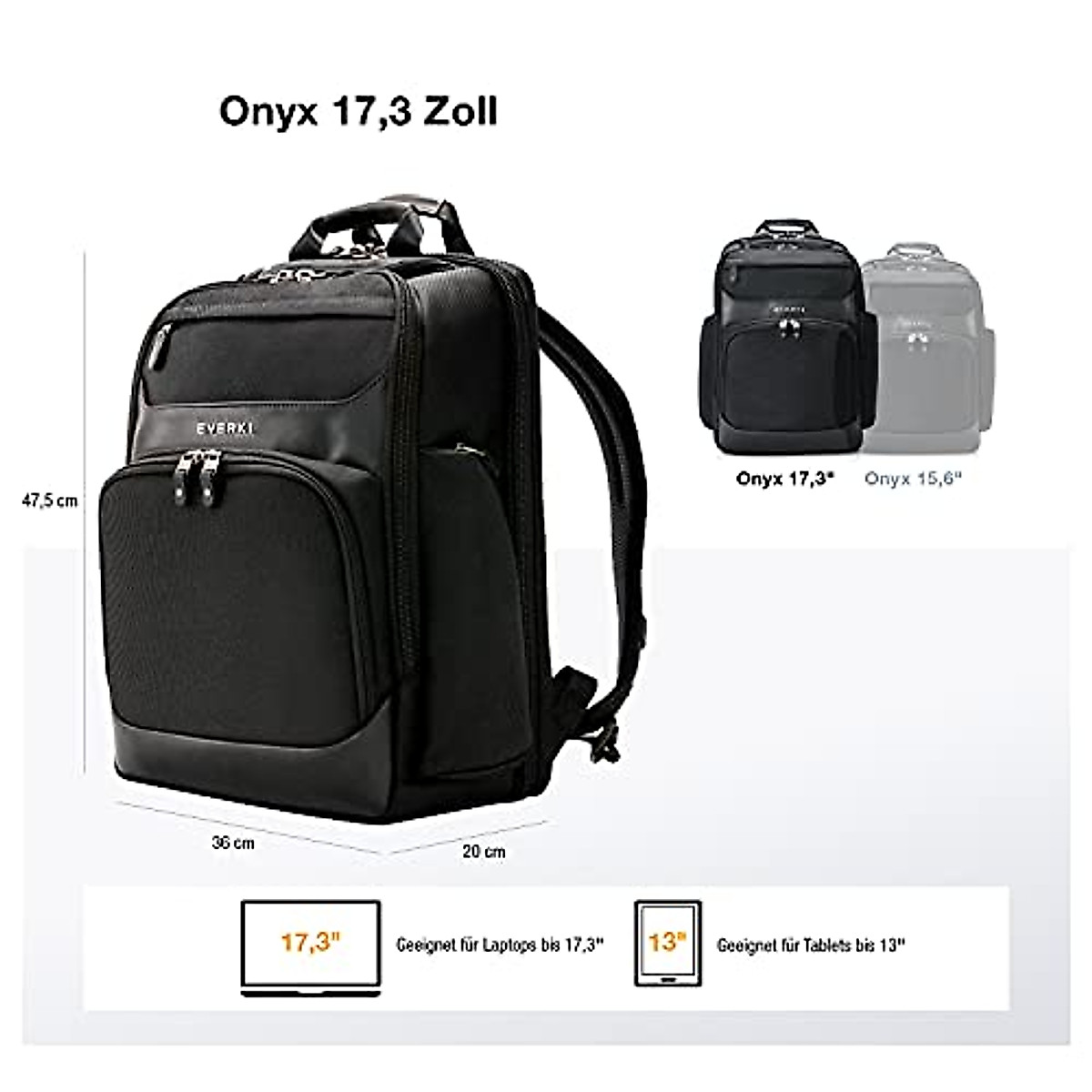 Everki Onyx Premium Business Executive 17.3-Inch Laptop Backpack, Ballistic Nylon and Leather, Travel Friendly (EKP132S17), Black