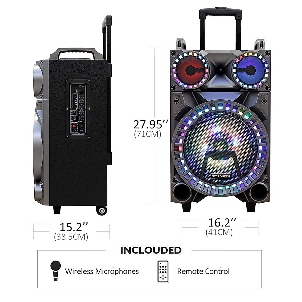 Starqueen Karaoke Machine Portable Karaoke Speaker for Adults and Kids 12” Woofer Rechargeable PA System with 2 Wireless Micorphone/Remote/Wheels/DJ Lights, Karaoke Party Amplifier Sound System