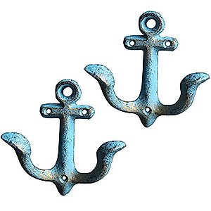 KiaoTime Set of 2 Blue Vintage Rustic Cast Iron Nautical Anchor Design Wall Hooks Coat Hooks Rack, Decorative Wall Mounted Antique Shabby Chic Metal Home Bath Room Towel Coat Hooks Hanger