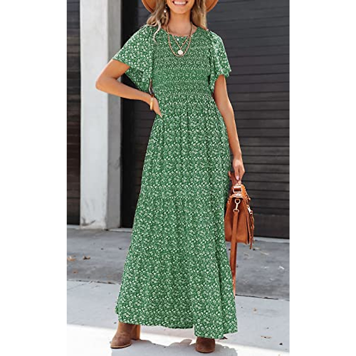 PRETTYGARDEN Womens Casual Floral Crew Neck Flutter Short Sleeve Long Summer Holiday Dress Party Maxi Wedding Guest Dresses (Green,Large)