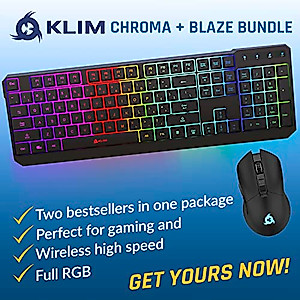 KLIM Blaze & Chroma Wireless Bundle - New 2023 - Wireless Gaming Keyboard and Mouse Combo - Responsive Durable Ergonomic - Backlit Keyboard - RGB Gaming Mouse Wireless - Long-Lasting Built-in Battery