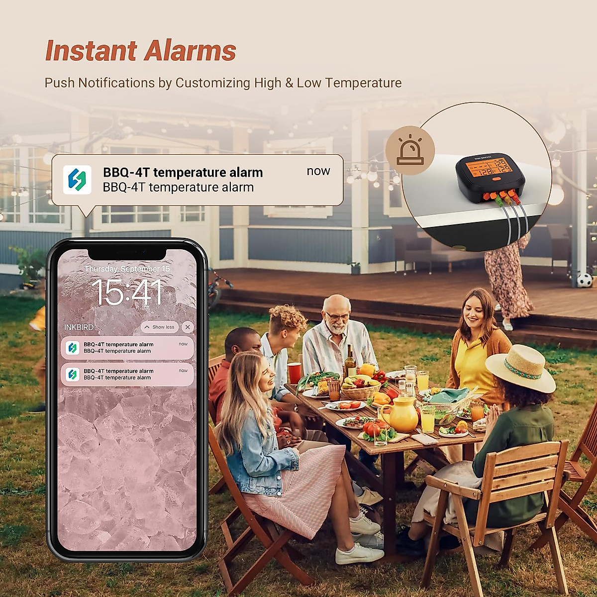 Inkbird WiFi Grill Meat Thermometer IBBQ-4T with 4 Colored Probes, Wireless Barbecue Meat Thermometer with Calibration, Timer, High and Low Temperature Alarm for Smoker, Oven, Kitchen, Drum