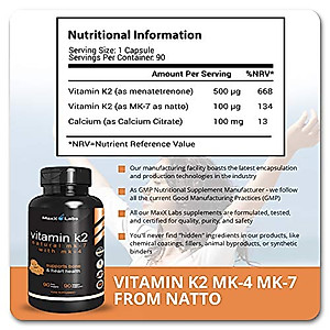 High Strength Vitamin K2-600 mcg - Full Spectrum Vitamin K2 MK4 MK7, Vitamin K MK7 Natto & MK4 & Calcium 100 mg, K2 Vitamin Supplement, Complex K2-7 M7-90, Works w/ Vitamin D3 5000 IU, 90 Veggie Caps