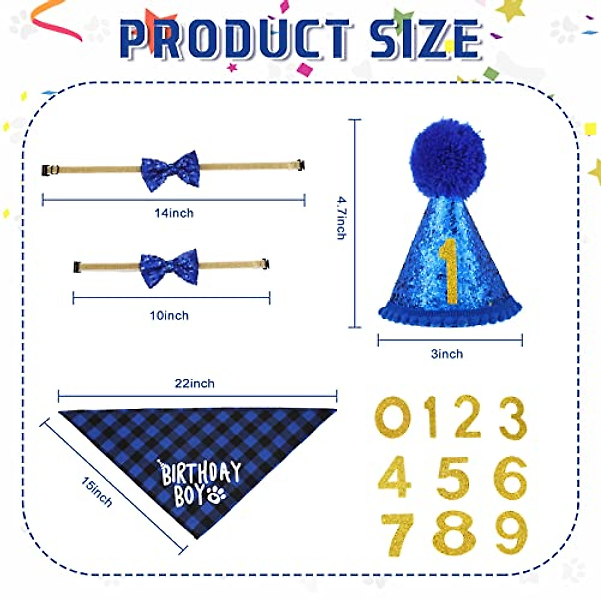 Dog Birthday Party Supplies Birthday Boy Girl Cake Bandana Triangle Scarf Clothes Shirt Cute Hat, Bow Tie Collar with 0-8 Numbers for Dog Puppy 1st Birthday Outfit (Elegant Style)
