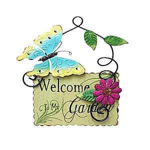 E-view Metal Welcome Sign Rustic Wall Hanging Plaque - Decorative Welcome Flower Signs for Porch Front Door Farmhouse Home Decoration Garden Themed Wreath Ornament (Green)