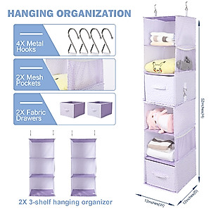 DAYDAYHOME Hanging Closet Organizer with Drawers, Two 3-Shelf Separable Closet Organizers and Storage, Nursery Hanging Storage Organizer for Closet,Child/Kids Room (Purple 6 Shelves)