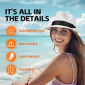 Straw Fedora Hat Short Brim Packable Roll Up Trilby Hat Classic Adjustable Panama Summer Beach Sun Hat UPF 50+ (One Size, White)