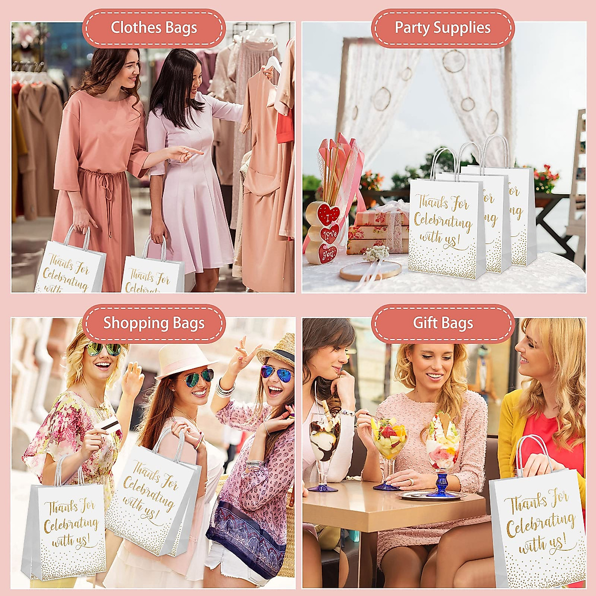 Chinco 30 Pcs Wedding Welcome Gift Bags Hotel Guests Thanks for Celebrating with Us Gold Paper Gift Bag Medium Size Foil with Handle for Bridal Shower Party Favor(White, 10 x 8 x 3 Inch)