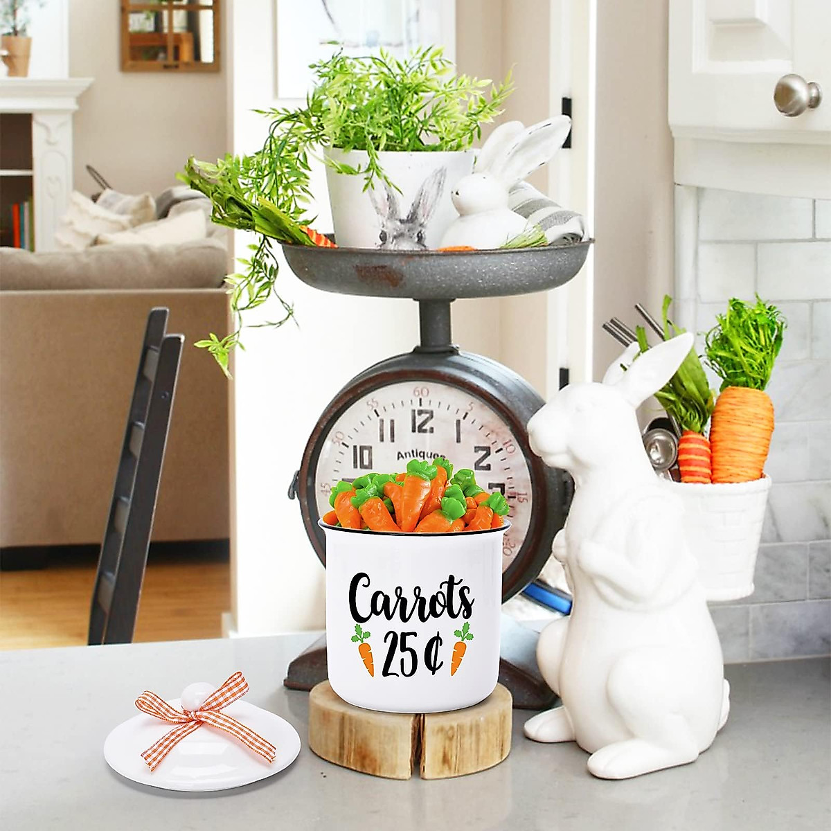 Easter Tiered Tray Decor Ceramic Canister Mini Jar Carrots 25￠ Candy Holder with Lid Orange Buffalo Plaid Bowknot for Cookie Snacks Spring Table Home Kitchen Accessory Holiday Gift Supplies Set of 1