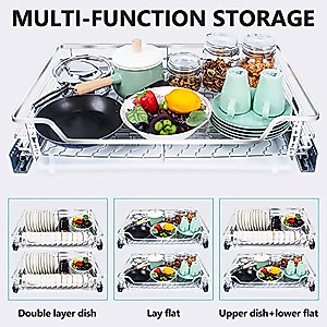 Pull Out Cabinet Drawer Organizer Heavy Duty Telescopic Double Tier Wire Basket Slide Out Shelf Storage 304 Stainless Steel Slide Out Cabinet Organizer for Cupboard, Pantry, Chrome (49W*42D*13H(cm))