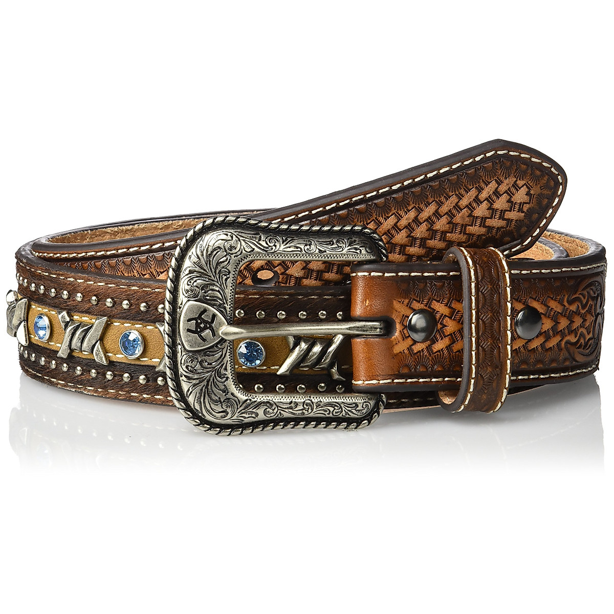 Ariat Men's Blue Crystal Barbed Center Western Belt, Brown, 36