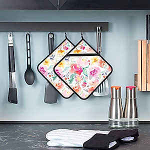 Colorful Flowers Pot Holders Set Heat Resistant Non Slip Oven Hot Pads with Hand Pockets and Hanging Loops for Kitchen Baking Cooking,Set of 2