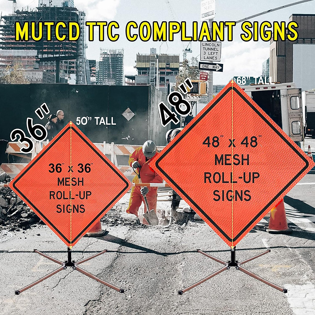 OrangeGear® 48” x 48” MUTCD TTC Compliant Safety Orange Mesh Temporary Traffic Control Rollup Signs (Utility Work Ahead (WITH Ribs))