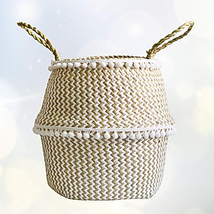 NUOBESTY Natural Round Seagrass Belly Basket with Handles for Storage Nursery Laundry Picnic Plant Pot Cover and Grocery and Toy Storage