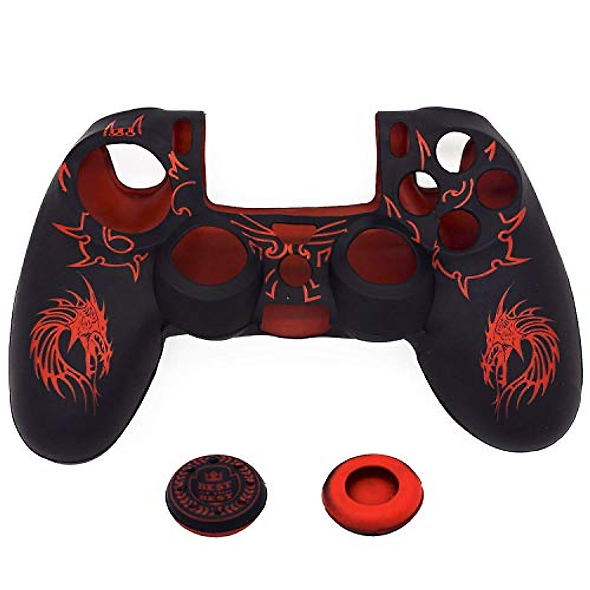 Skin for PS4 Controller, BRHE Anti-Slip Grip Silicone Cover Protector Case Compatible with PS4 Slim/PS4 Pro Wireless/Wired Gamepad Controller with 2 Dragon Carving Thumb Grip Caps