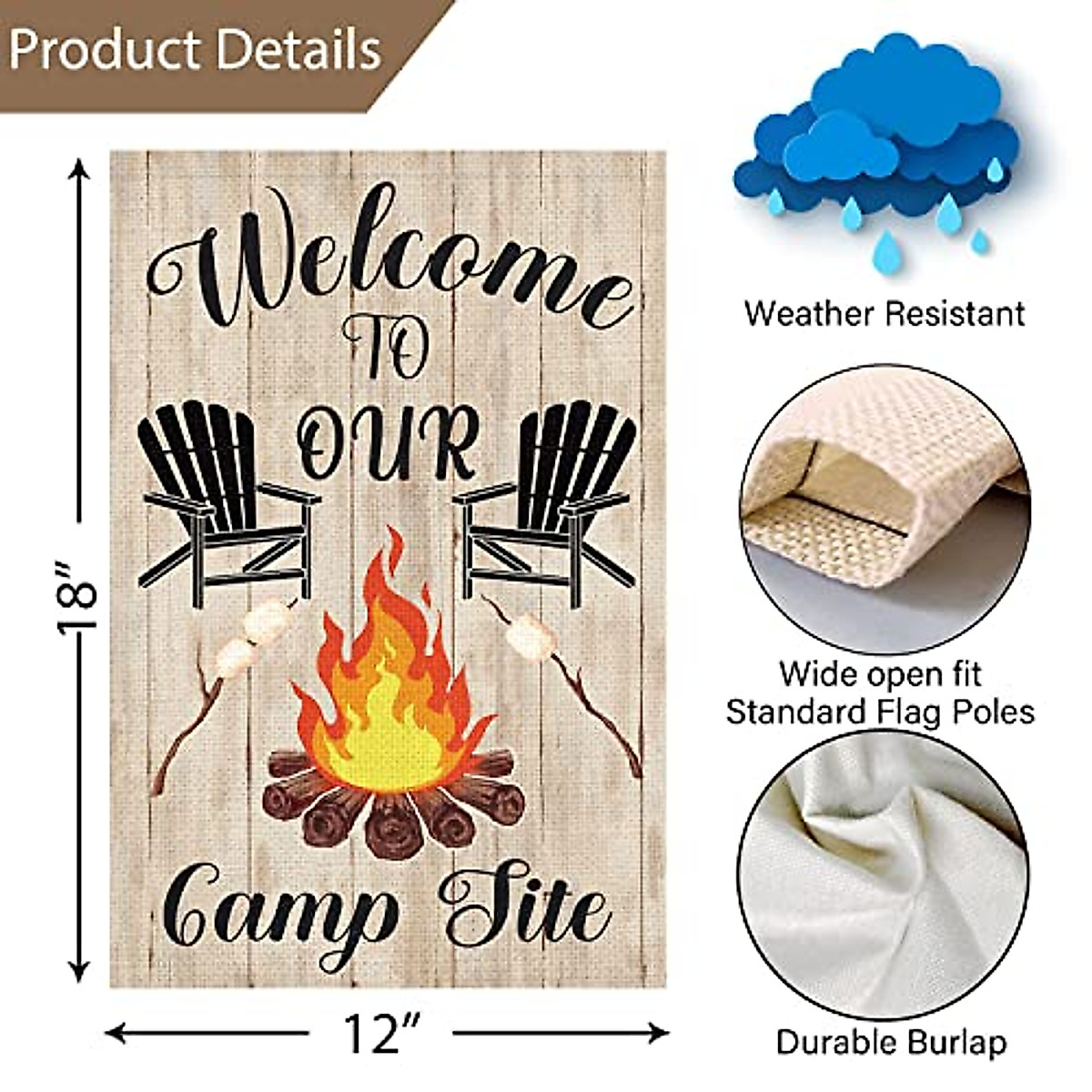 Louise Maelys Spring Summer Camper Camping Garden Flag for Campsite Vertical 12x18 Double Sided, Welcome to Our Camp Site Small Camping Flags Outdoor Fire Pit Camper Camping Campsite Decoration (ONLY FLAG)