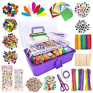 1405 Pcs Art and Craft Supplies for Kids, Toddler DIY Craft Art Supply Set Included Pipe Cleaners, Pom Poms, Feather, Folding Storage Box - All in One for Craft DIY Art Supplies (Purple)