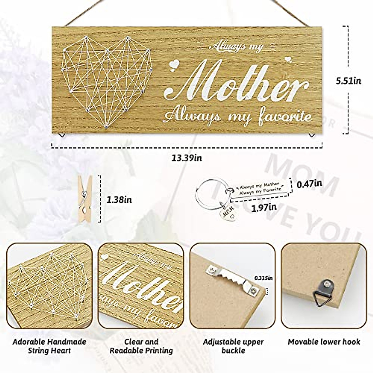 BLOCE Mother's Gifts Picture Frame, Wooden Hanging Photo Holder with Keychain, Brag Board for Mother's Day Christmas Birthday Thanksgiving Day