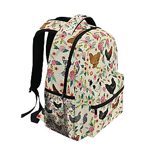 CHIFIGNO Chickens and Floral Lightweight Printed Bookbags School Backpacks for Teens and Girls