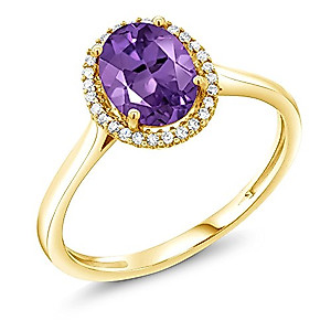 Gem Stone King 10K Yellow Gold 8X6MM Oval Gemstone Birthstone and White Diamond Halo Engagement Ring | Wedding Anniversary Promise Gold Ring For Women | Available In Size 5-10