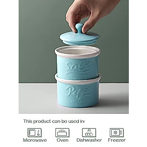 DOWAN Salt and Pepper Bowls, 9 OZ Salt and Pepper Cellar, Salt & Pepper Shakers Set of 2, Stacking Ceramic Salt and Pepper Container with Lid, Salt Keeper, Adorable Decorative Mason Décor, Turquoise