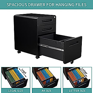 MIIIKO Mobile Filing Cabinet 3 Drawer, Rolling Small File Cabinet with Keys Under Desk, Modern Black Filing Cabinet for Home Office with Anti-tilt Wheels, A4/Letter/Legal Hanging File Drawers