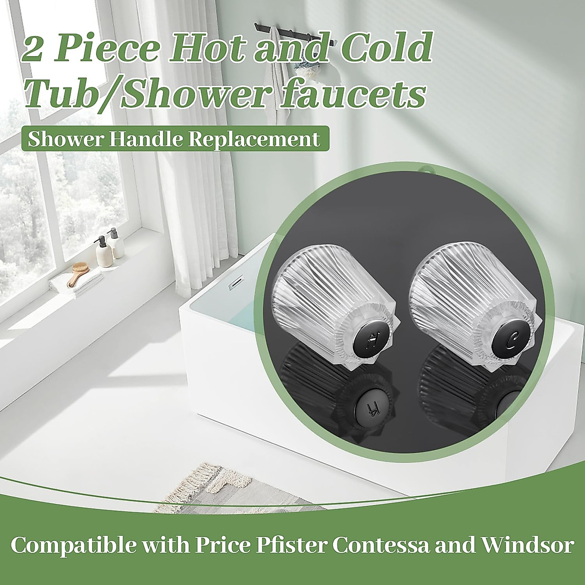 Shower Knob Replacement Compatible with Price Pfister Contessa & Windsor Tub and Shower Faucet Shower Knobs, Shower Knobs 2 Piece Replacement for Pfister Shower Handle Replacement, Clear Acrylic