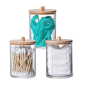 MKLZ 3 Pcs Qtip Holder and Cotton Round Pad Dispenser with Bamboo Lid, Small Clear Acrylic Containers for Cotton Swab/ball, Apothecary Jars Set for Bathroom/Restroom/Vanity/Makeup Storage Organizer