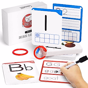 Gamenote Dry Erase Alphabet and Number Flash Cards - Write and Wipe Laminated ABC Letter Tracing Practice Card for Kindergarten (47 Flashcards with 2 Rings and Marker)