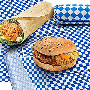 Hslife 100 Sheets Blue and White Checkered Dry Waxed Deli Paper Sheets, Paper Liners for Plastic Food Basket, Wrapping Bread and Sandwiches(11''x11.6'')