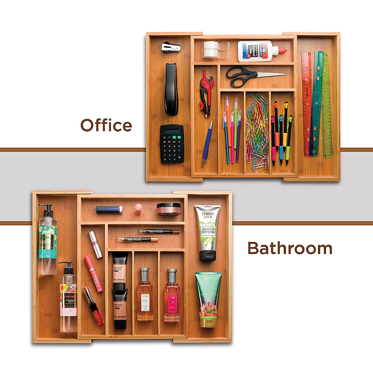 Expandable Bamboo Silverware Organizer - Kitchen Drawer Organizer, Utensil Holder - Drawer Organization and Storage in Kitchen, Bathroom or Bedroom, 17” Long, Adjustable from 13” - 22.2” Wide, 2” Deep