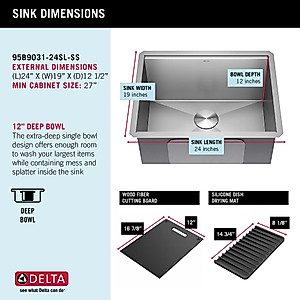 DELTA FAUCET Rivet 24-inch Workstation Laundry Utility Kitchen Sink Undermount 16 Gauge Stainless Steel Single Bowl with WorkFlow Ledge and a Kit of 5 Accessories, 95B9031-24SL-SS