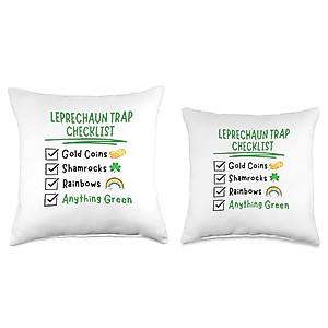 Cute Leprechaun Trap Checklist GoldCoin Shamrocks Leprechaun Trap Checklist Gold Coin Shamrocks Rainbows Green Throw Pillow, 16x16, Multicolor