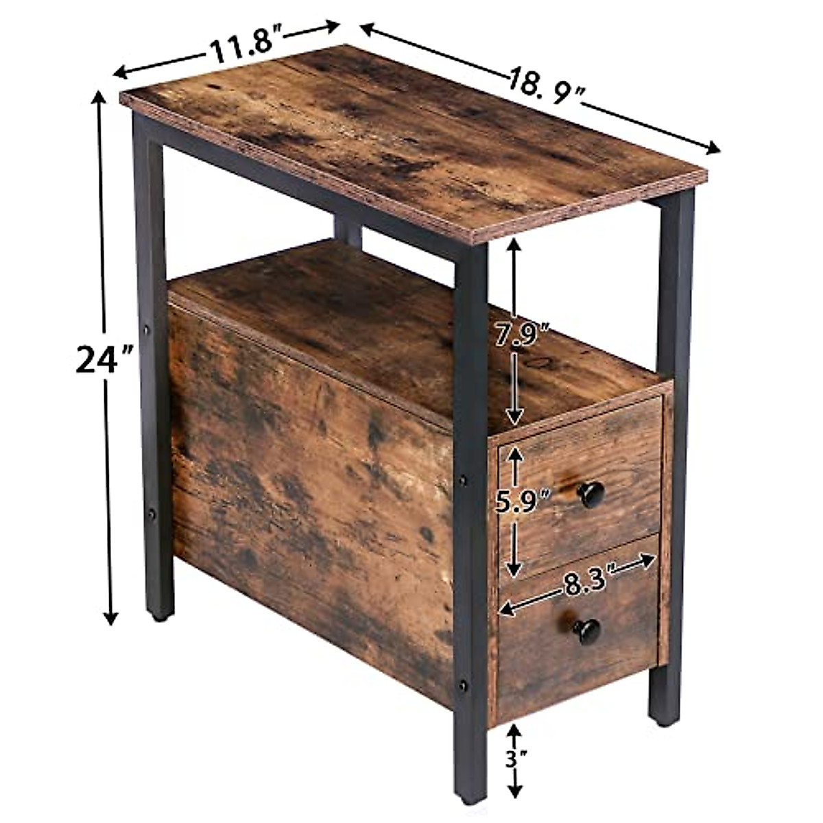 HOOBRO End Table, Narrow Chairside Table with Drawer and Open Storage Shelf, Nightstand for Small Spaces, Stable and Sturdy Construction, Wood Look Accent Furniture, Rustic Brown and Black BF548BZ01G2
