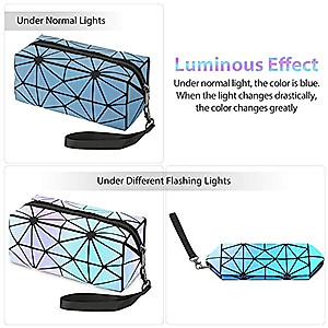 Luminous Pencil Pen Pouch Big Capacity,Geometric Portable Holographic Reflective Pencil case, Zipper Stationery Storage Pouch,Pen Marker Case for High Middle Primary School Student Office (blue)