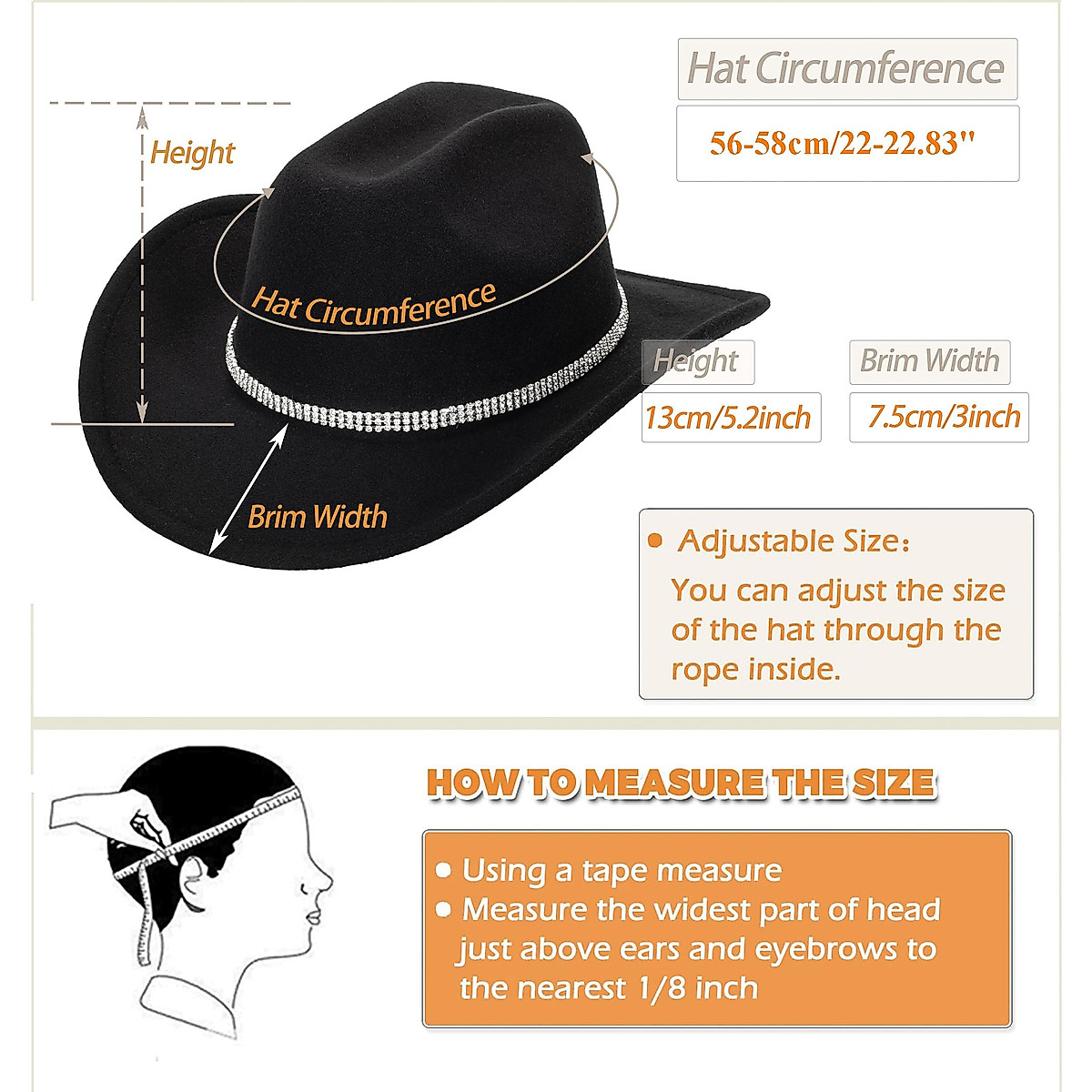 Glitter Silver Black Cowboy Hats for Women - Western Sparkly Rhinestone Cowgirl Hat for Ladies