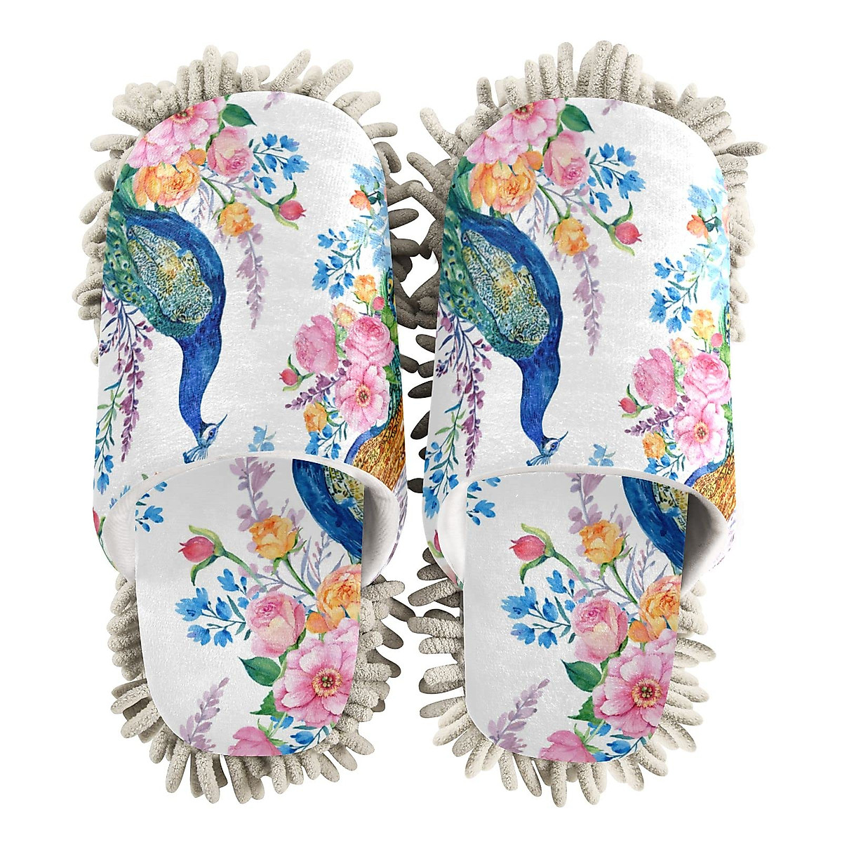 Birds Peacocks Flowers Mop Slippers Shoes Cover for Floor Cleaning Washable Dirty Hair Dust Cleaners Microfiber Mop Socks for House Kitchen Office